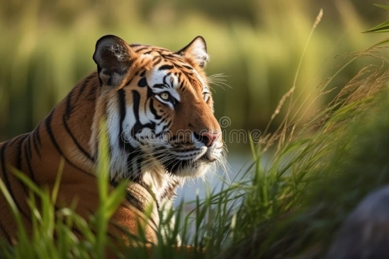 A Strong Tiger in the High Grass at a River Created with Generative AI ...