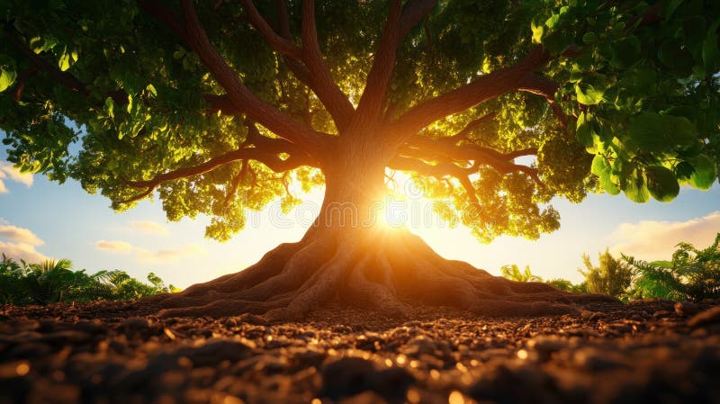 A Strong Tree, Rooted in Golden Sunlight, Symbolizes Confidence, Growth ...