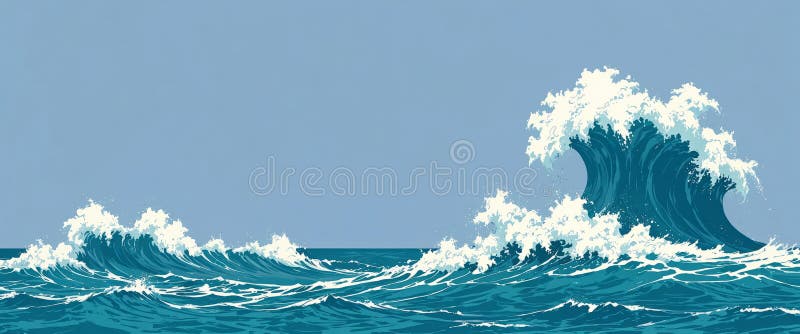 Strong Waves Incoming on the Ocean, Anime Illustration. Stock ...
