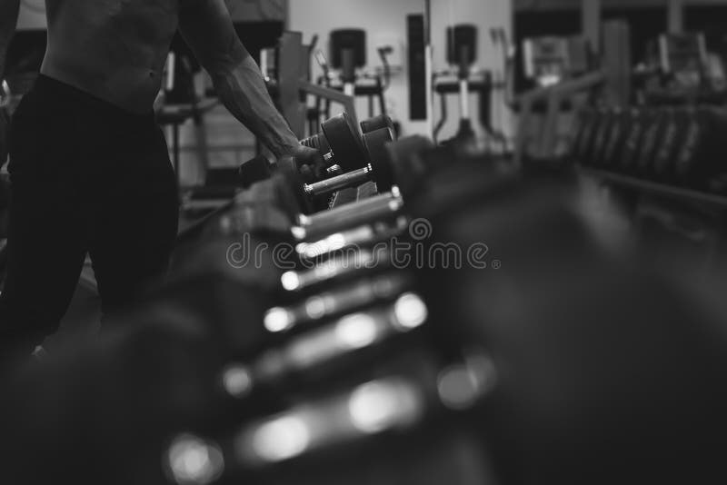Strong Well Built Bodybuilder Lifting Dumbbell Weights Getting Ready ...