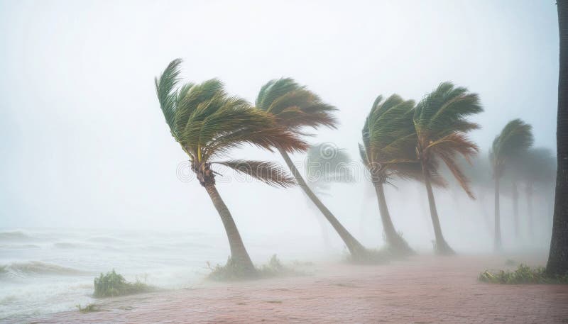Strong Wind Bending Palm Trees on Tropical Beach during Hurricane Stock ...
