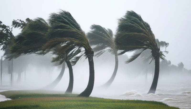 Strong Wind Bending Palm Trees on Tropical Beach during Hurricane Stock ...