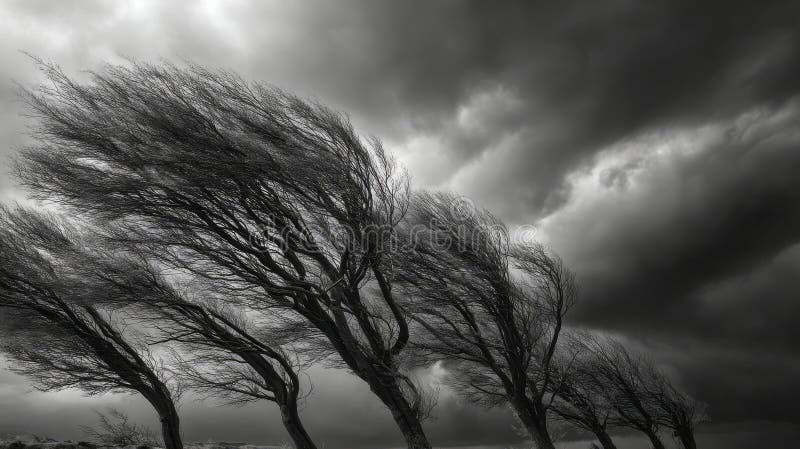 Strong Wind Bending Trees Under Dramatic Dark Storm Clouds, Concept of ...