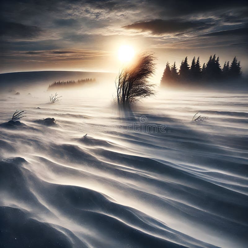 Strong Wind Blowing Snow Over Field at Sunset Stock Illustration ...