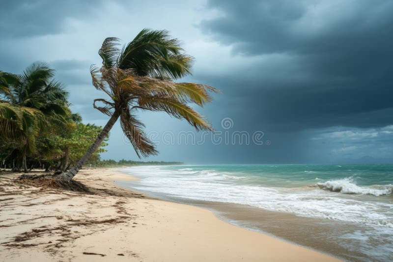 A Strong Wind Blows Across the Shoreline, Causing a Palm Tree To Lean ...