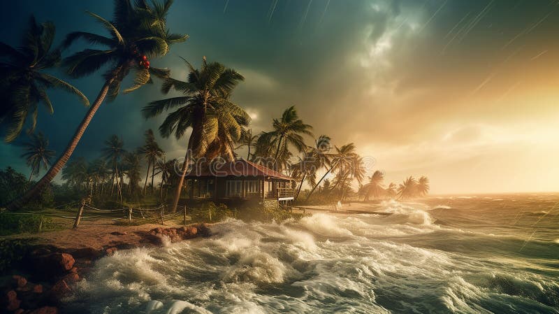 Strong Wind Hurricane Island Flood Disaster .Generative AI Stock ...