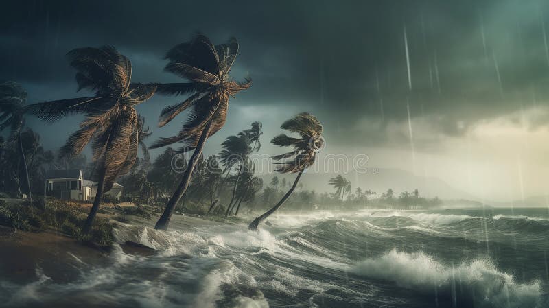 Strong Wind Hurricane Island Flood Disaster .Generative AI Stock ...