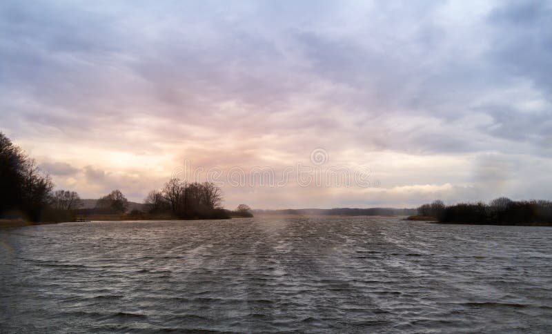 Strong Wind in Storm on Pond with Trees at Sunset. Czech Landscape ...