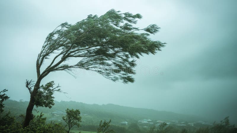 Strong Winds Bending a Lone Tree during a Powerful Storm by the ...