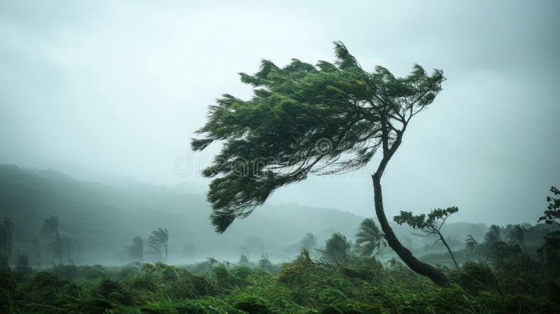 Strong Winds Bending a Lone Tree during a Powerful Storm by the ...