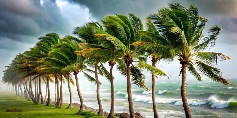 Strong Winds Bending Palm Trees during a Tropical Storm Stock ...