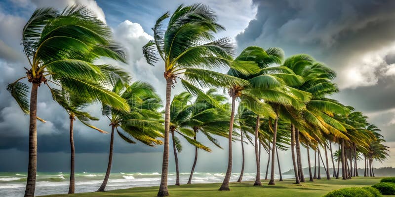 Strong Winds Bending Palm Trees during a Tropical Storm Stock ...
