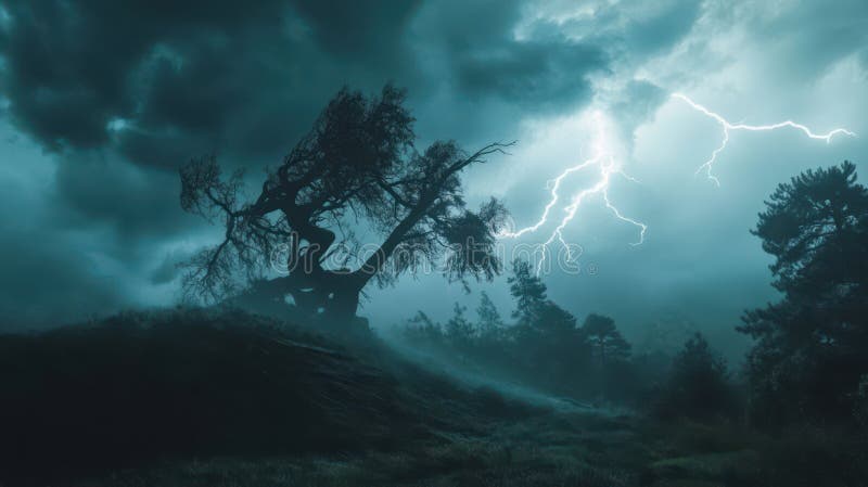 Strong Winds Bending Trees and Lightning Flashing in the Sky during a Powerful Storm Stock ...