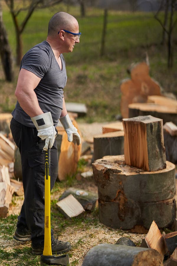 Strong Woodman Splitting Logs Stock Image - Image of cutting, male ...