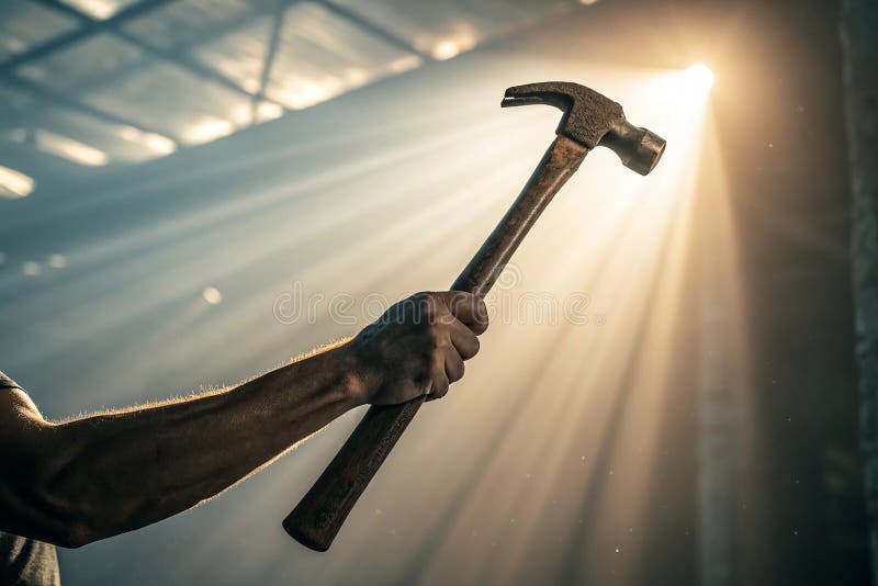 A Strong Worker Hand Holding a Hammer with Rays of Light in the ...