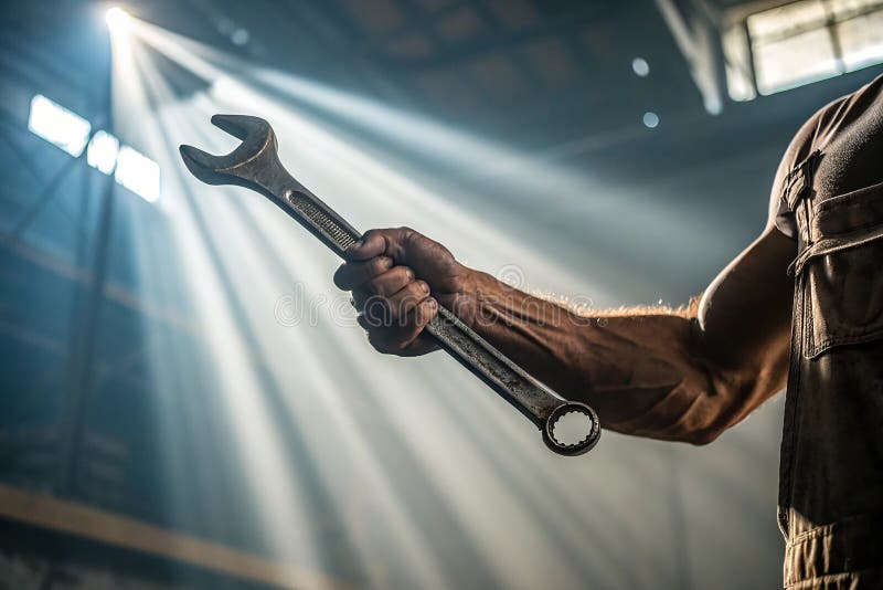 A Strong Worker Hand Holding a Wrench with Rays of Light in the ...