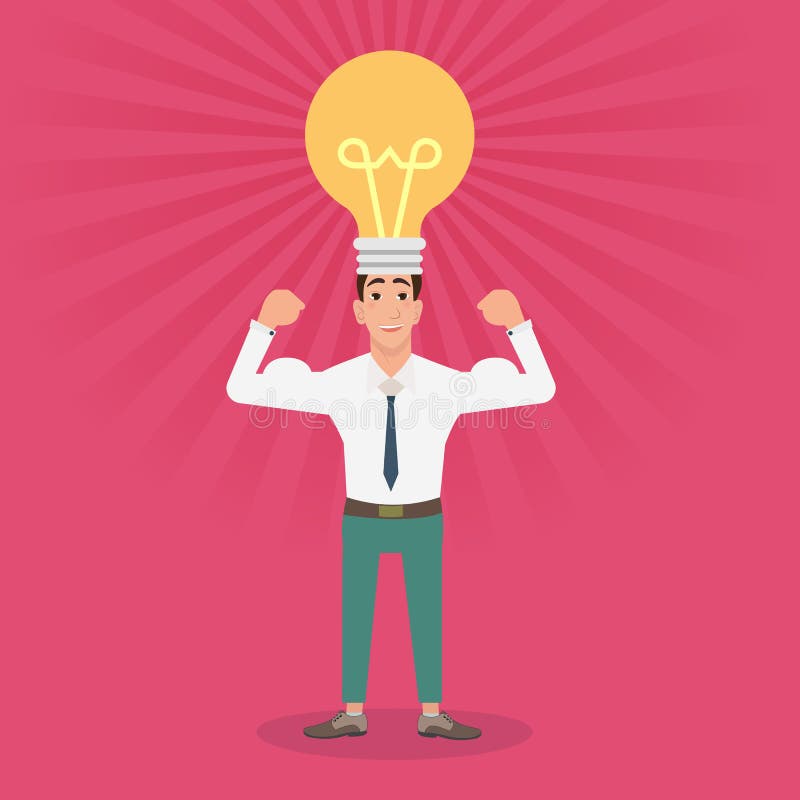 Strong Young Man with Idea Bulb on Head Stock Vector - Illustration of ...