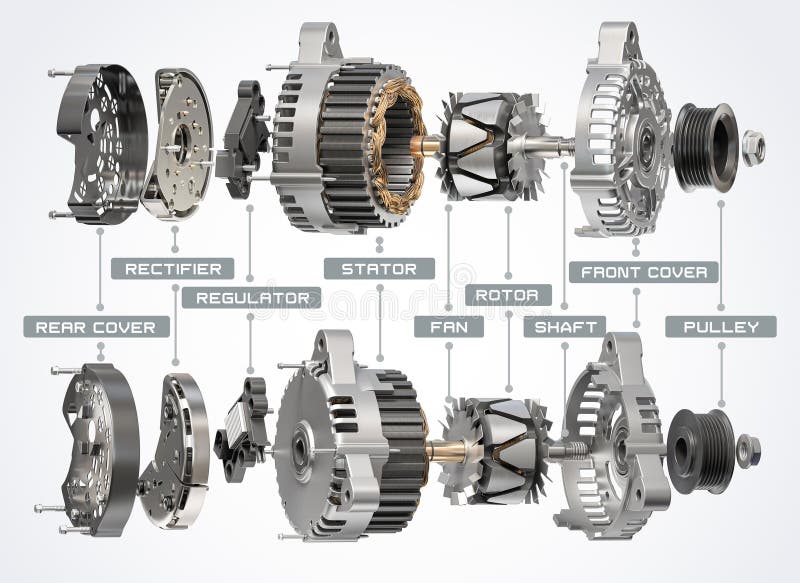Structire and Scheme of Car Alternator, Generator on Black. Structire ...