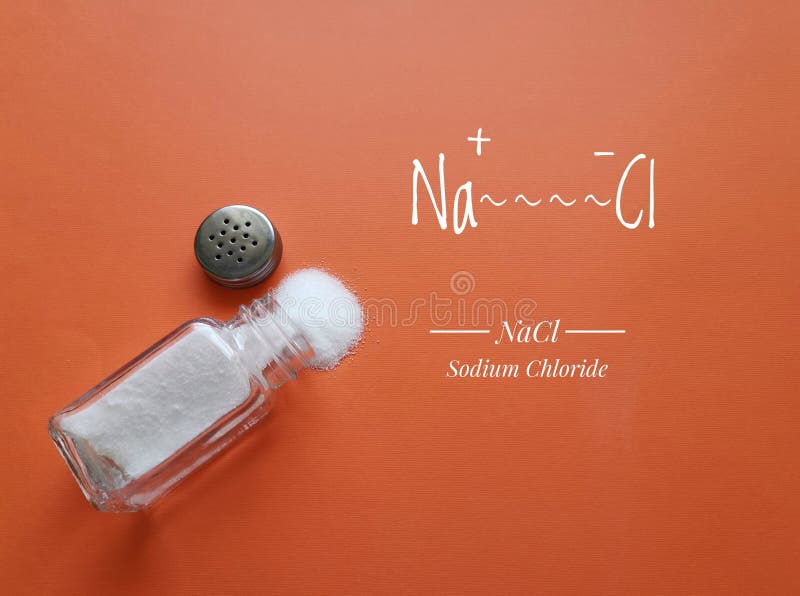 Structural Chemical Formula Of Sodium Chloride Molecule With Glass Salt Shaker And Pile Of Table
