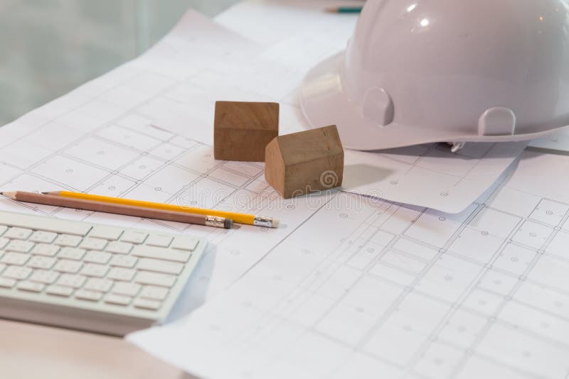 Structural Engineer and Architect Desk with Safety Helmet, Blueprint ...