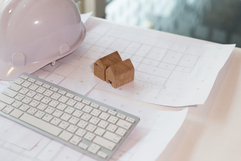 Structural Engineer and Architect Desk with Safety Helmet, Blueprint ...