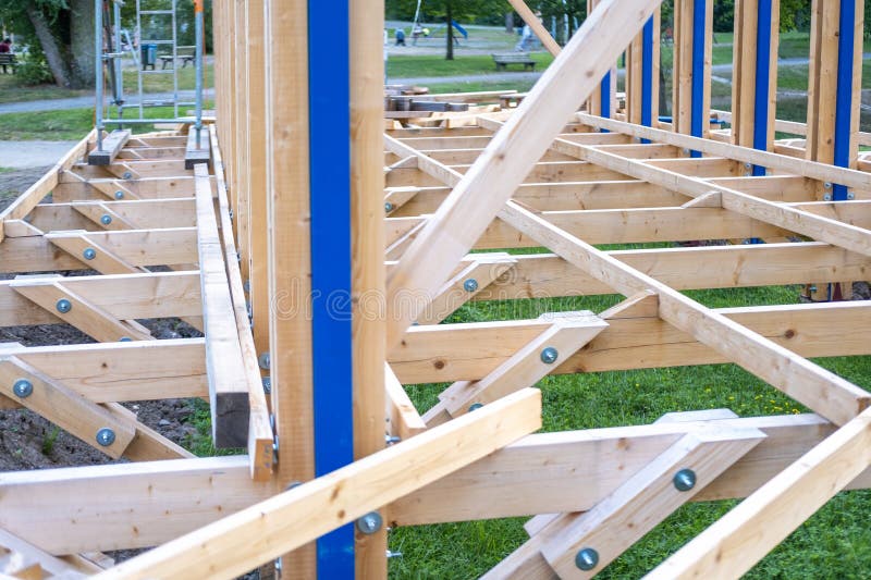 Structural Wooden Beams Forming Frame Commercial Building Under ...