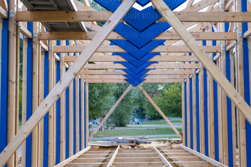 Structural Wooden Beams Forming Frame Commercial Building Under ...