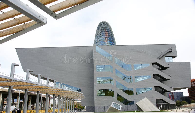 Structure on the Esplanade of the Museo Del Disseny and Agbar Tower in ...