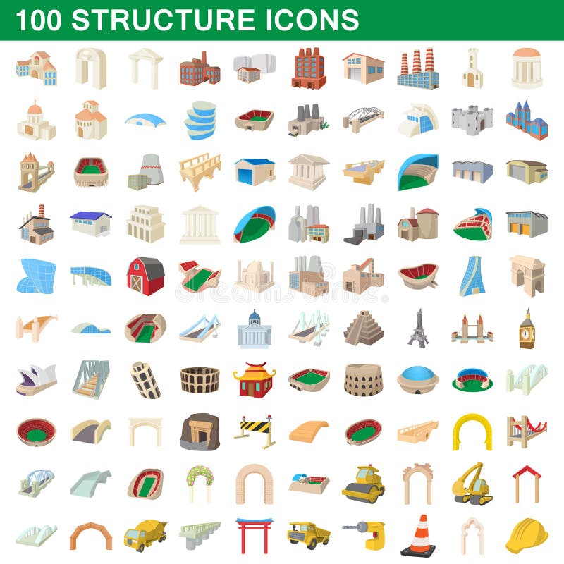 100 Structure Icons Set, Cartoon Style Stock Vector - Illustration of ...