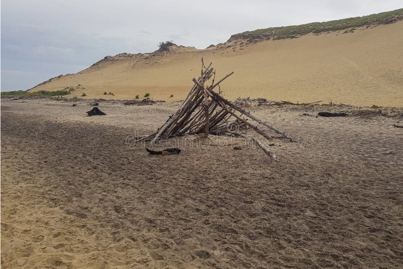 Structure Made of Firewood Washed Ashore by Waves on the Beach Stock Photo - Image of ...