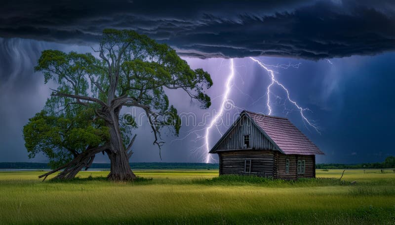 Wooden Shack Stands in a Dramatic Landscape with Lightning Storm Behind ...