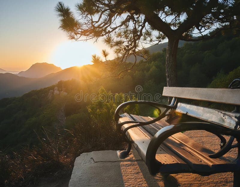 Wooden Bench on the Top of the Mountain with Sunset and Beautiful View ...