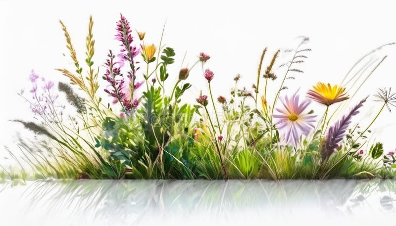 A Bush Made with Grass and Wildflowers Isolated on Colorful White ...