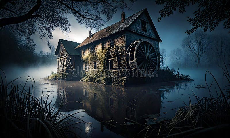 A Dark, Haunting Scene of an Old, Abandoned Water Mill at Night ...