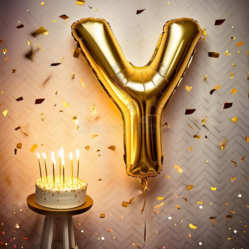 Birthday Cake and Name Initial Letter Y Gold Helium Birthday Balloon ...