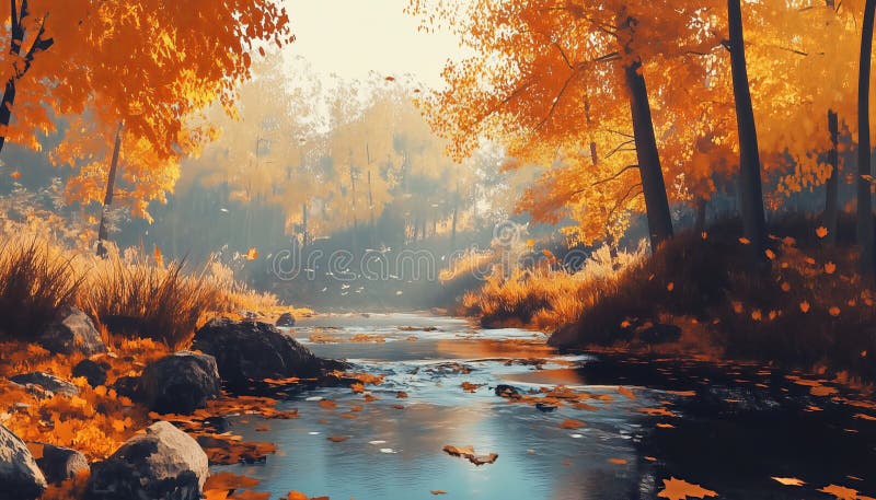 Panoramic Autumn Landscape with Forest Stream. Fall Nature Background ...