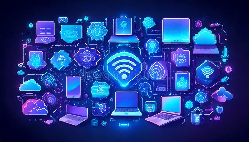 Neon Lights Icons Representing Communication and Computing. Stock ...