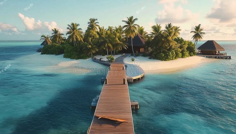 A Jetty with a Bridge Leading To a Small Island with Coconut Trees ...