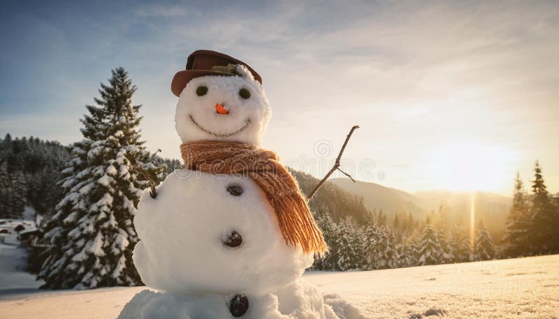 Winter Christmas Themed Realistic Picture of a Snowman on a Landscape ...