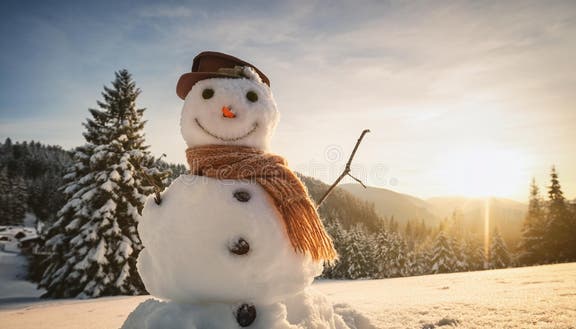 Winter Christmas Themed Realistic Picture of a Snowman on a Landscape ...
