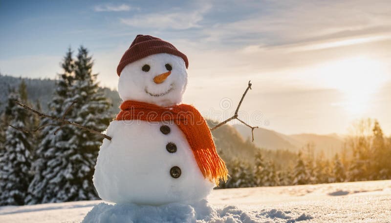 Winter Christmas Themed Realistic Picture of a Snowman on a Landscape ...