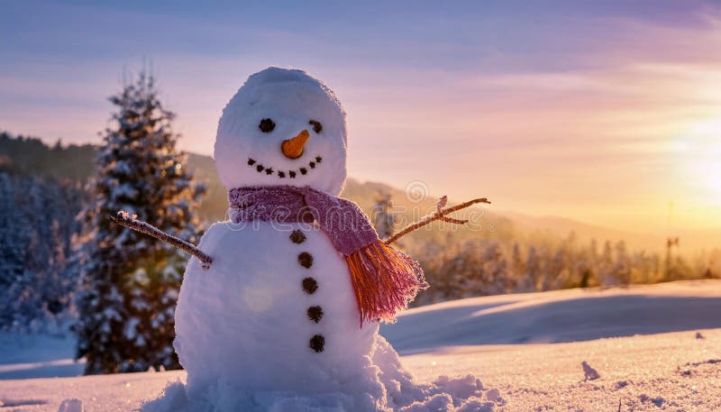 Winter Christmas Themed Realistic Picture of a Snowman on a Landscape ...