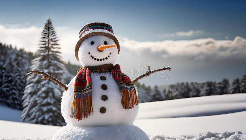 Winter Christmas Themed Realistic Picture of a Snowman on a Landscape ...