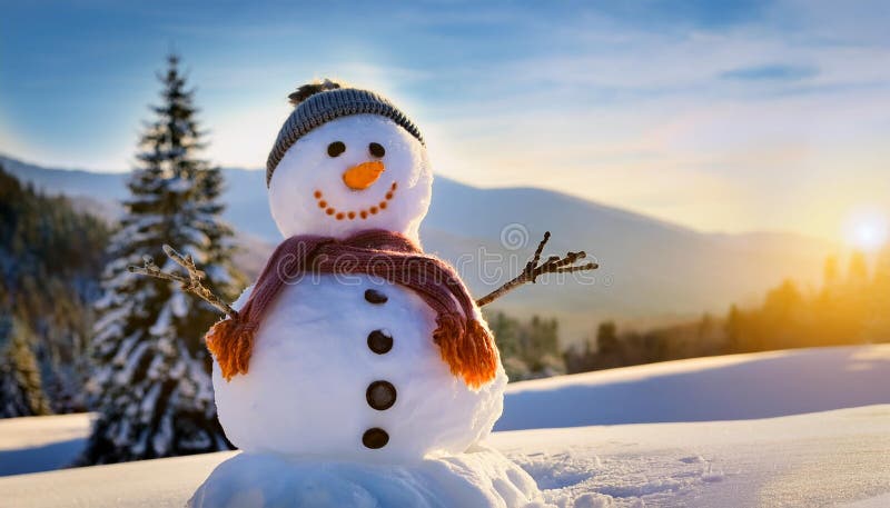 Winter Christmas Themed Realistic Picture of a Snowman on a Landscape ...