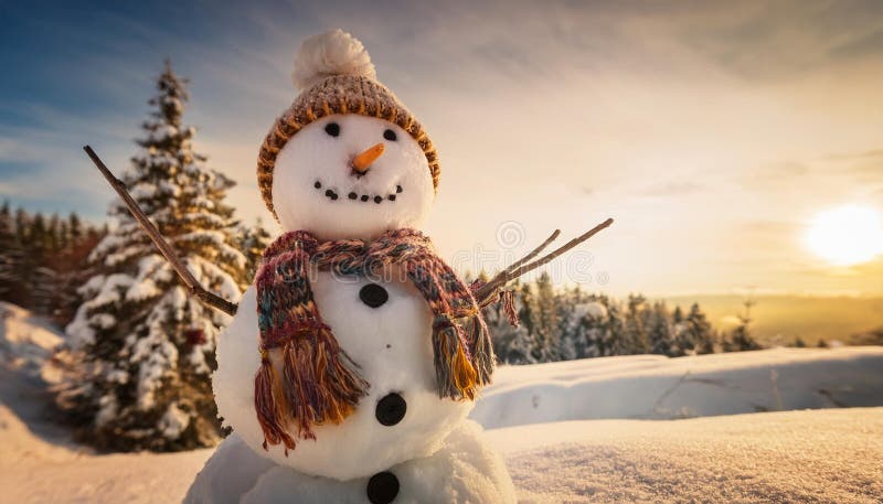 Winter Christmas Themed Realistic Picture of a Snowman on a Landscape ...