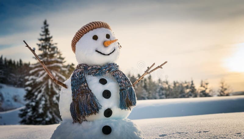 Winter Christmas Themed Realistic Picture of a Snowman on a Landscape ...