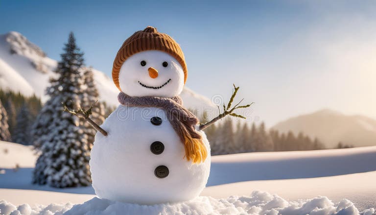 Winter Christmas Themed Realistic Picture of a Snowman on a Landscape ...