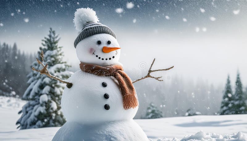 Winter Christmas Themed Realistic Picture of a Snowman on a Landscape ...