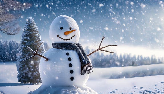 Winter Christmas Themed Realistic Picture of a Snowman on a Landscape ...