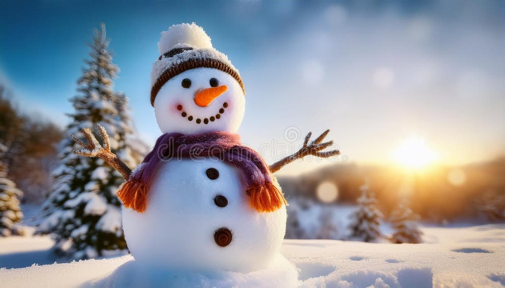 Winter Christmas Themed Realistic Picture of a Snowman on a Landscape ...